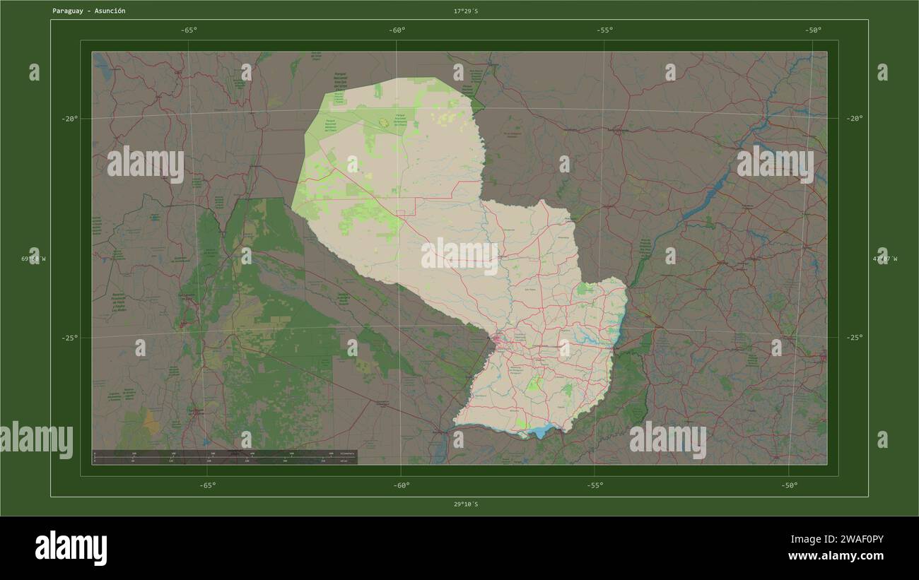 Paraguay highlighted on a topographic, OSM Germany style map map with the country's capital ...