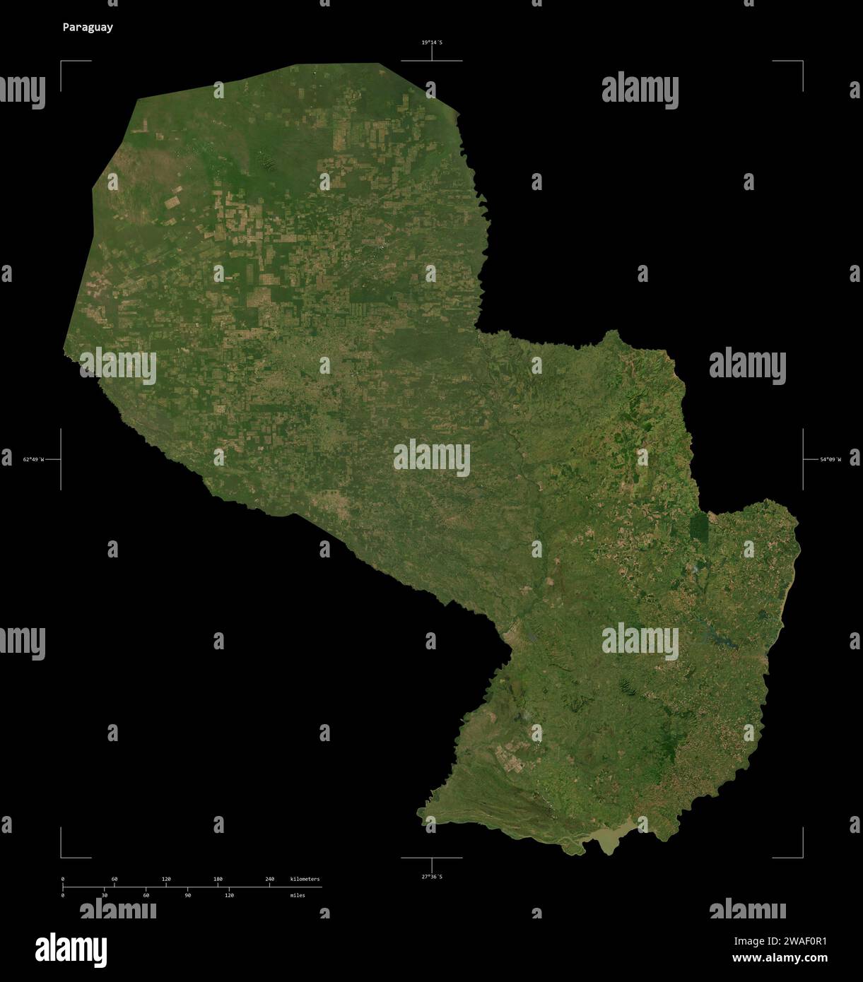 Shape of a low resolution satellite map of the Paraguay, with distance ...