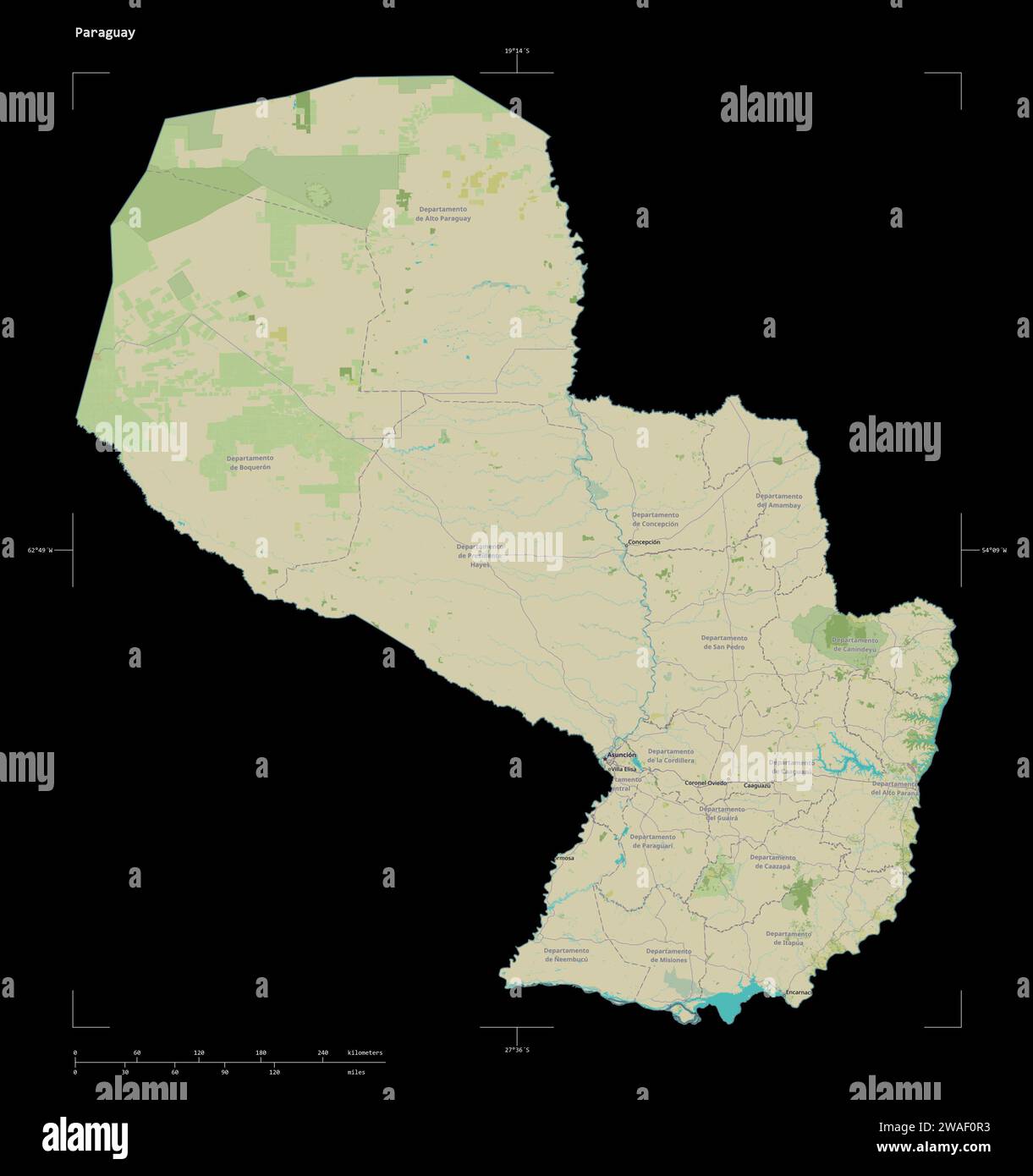 Shape of a topographic, OSM Humanitarian style map of the Paraguay ...