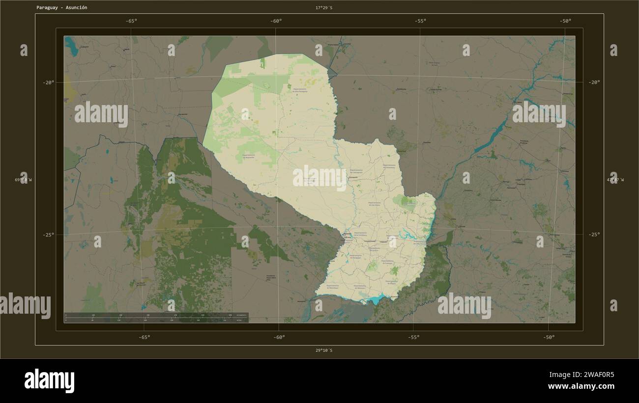 Paraguay highlighted on a topographic, OSM Humanitarian style map map ...