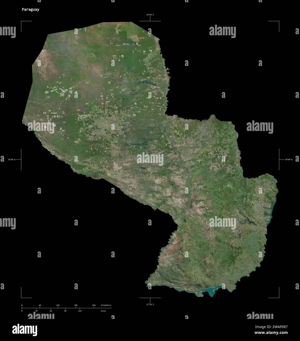 Shape of a high resolution satellite map of the Paraguay, with distance ...
