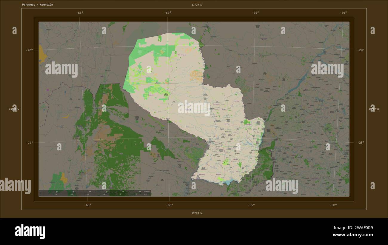 Paraguay highlighted on a topographic, OSM France style map map with ...