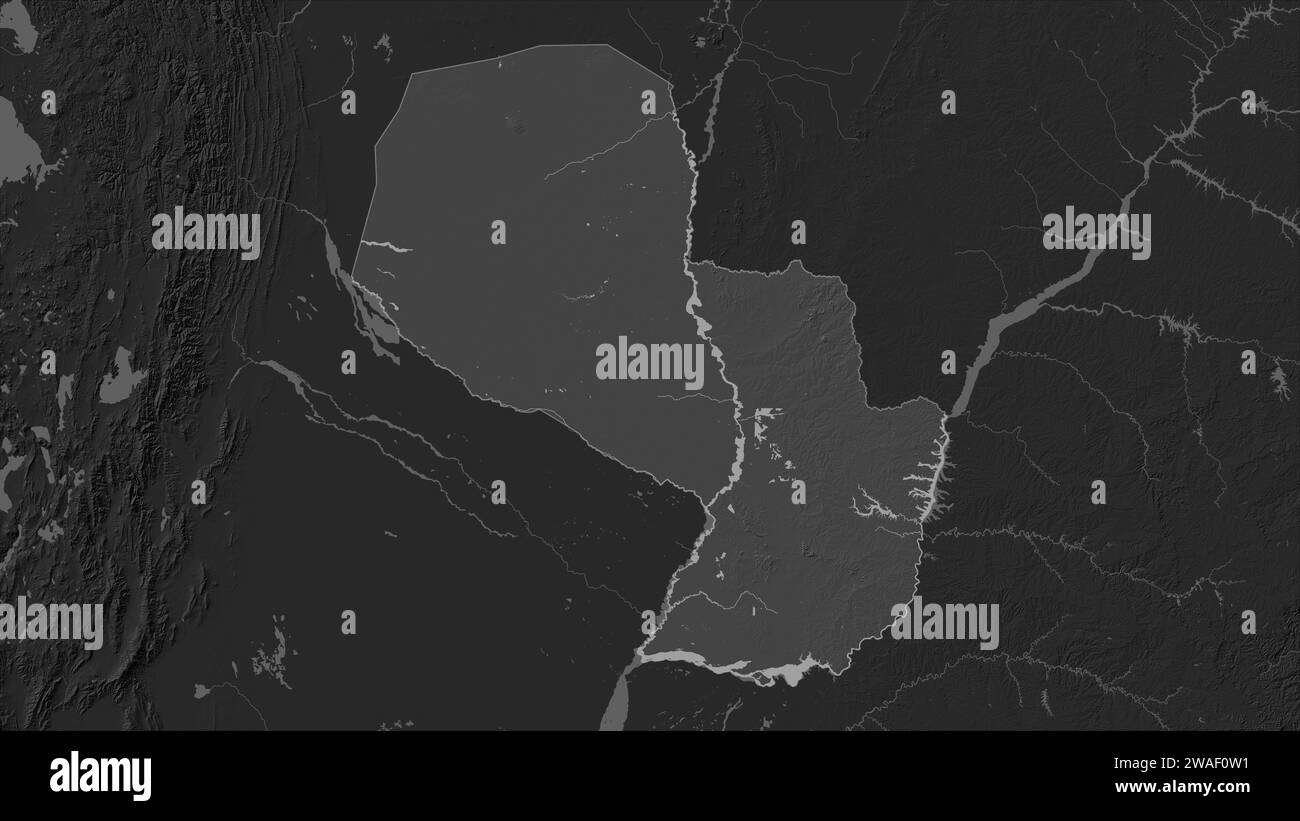 Paraguay highlighted on a Bilevel elevation map with lakes and rivers ...