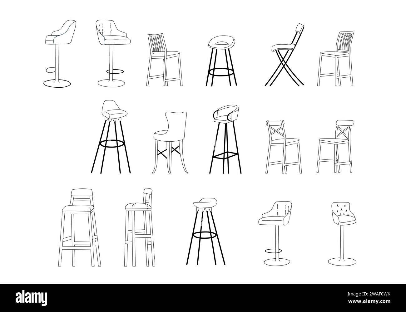 Furniture outline set of armchairs, kitchen and bar chairs for ...