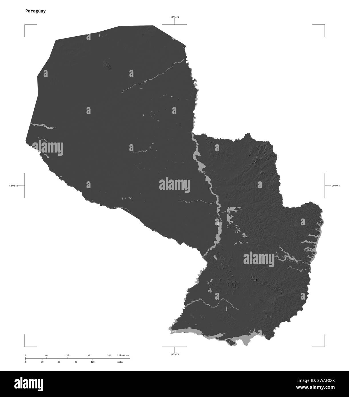 Shape of a Bilevel elevation map with lakes and rivers of the Paraguay ...