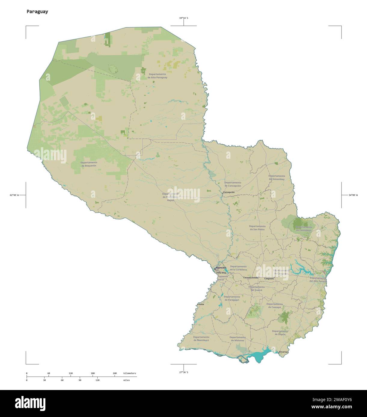 Shape of a topographic, OSM Humanitarian style map of the Paraguay ...