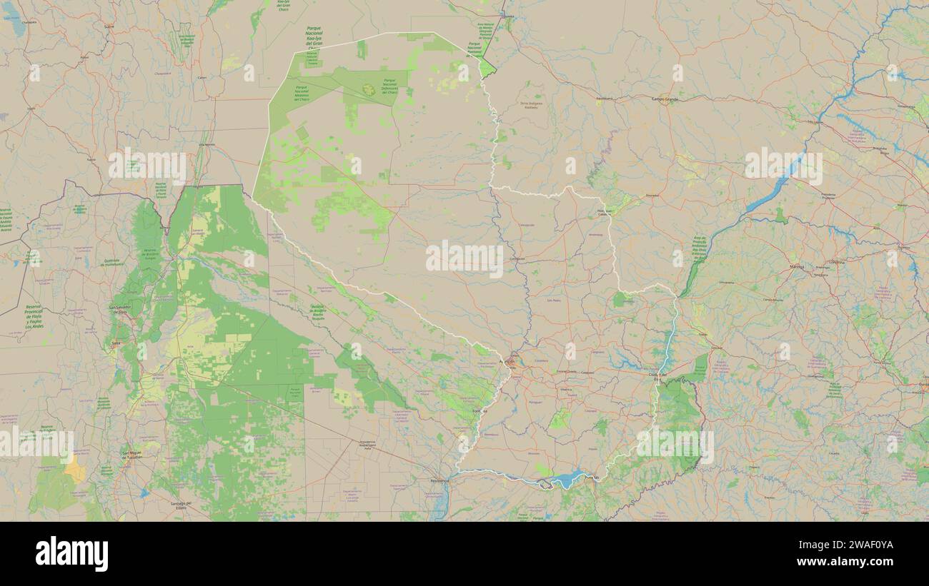 Paraguay outlined on a topographic, OSM standard style map Stock Photo ...