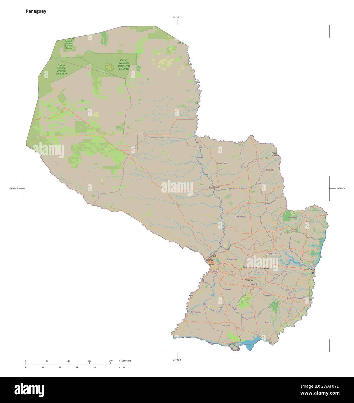 Shape of a topographic, OSM standard style map of the Paraguay, with ...