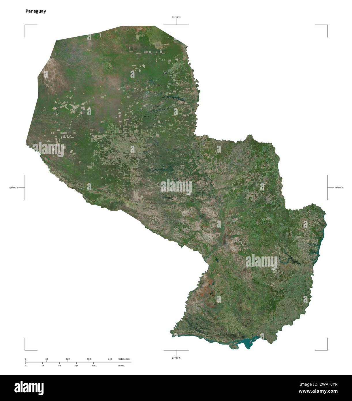 Shape of a high resolution satellite map of the Paraguay, with distance ...