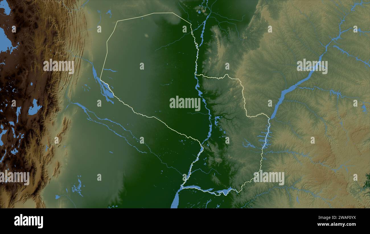 Paraguay outlined on a Colored elevation map with lakes and rivers ...