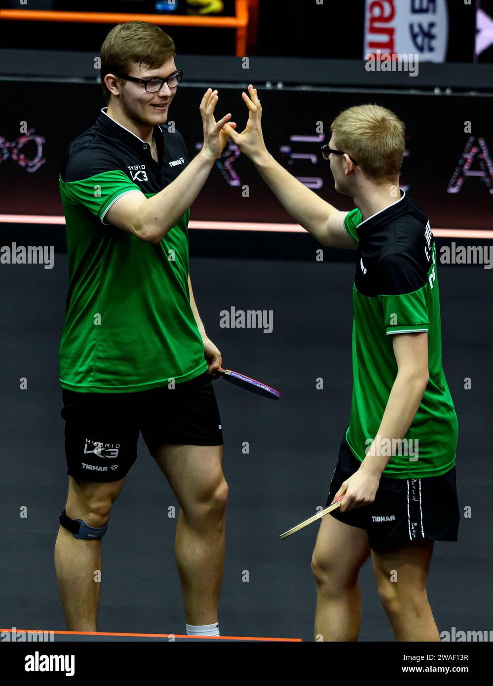 Doha, Qatar. 4th Jan, 2024. Alexis Lebrun (L) celebrates with Felix ...