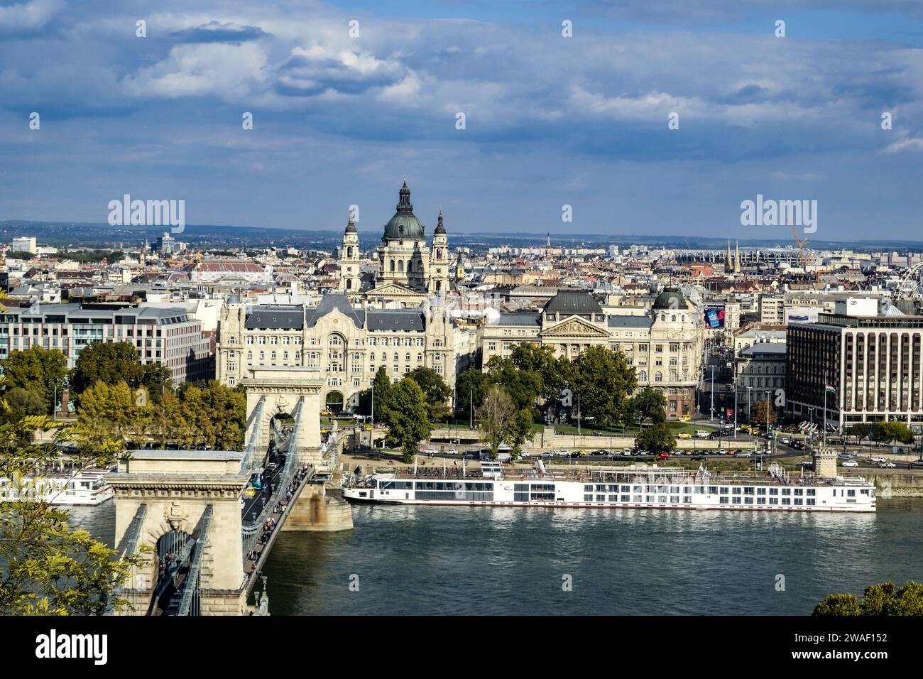 An aerial view of Budapest's cityscape showing the Danube river and the ...
