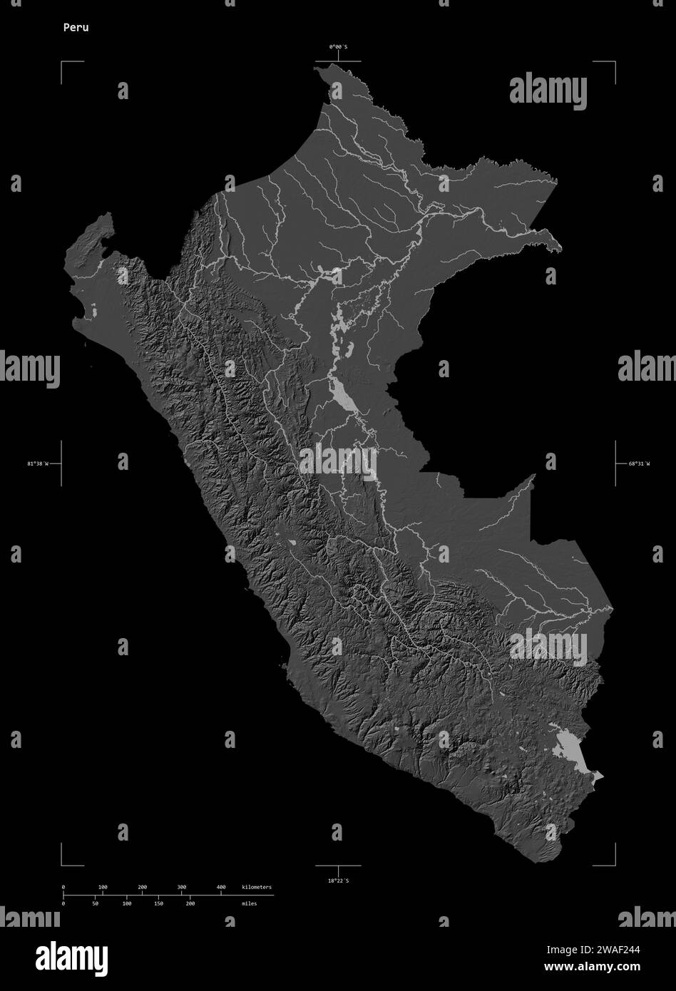 Shape of a Bilevel elevation map with lakes and rivers of the Peru ...