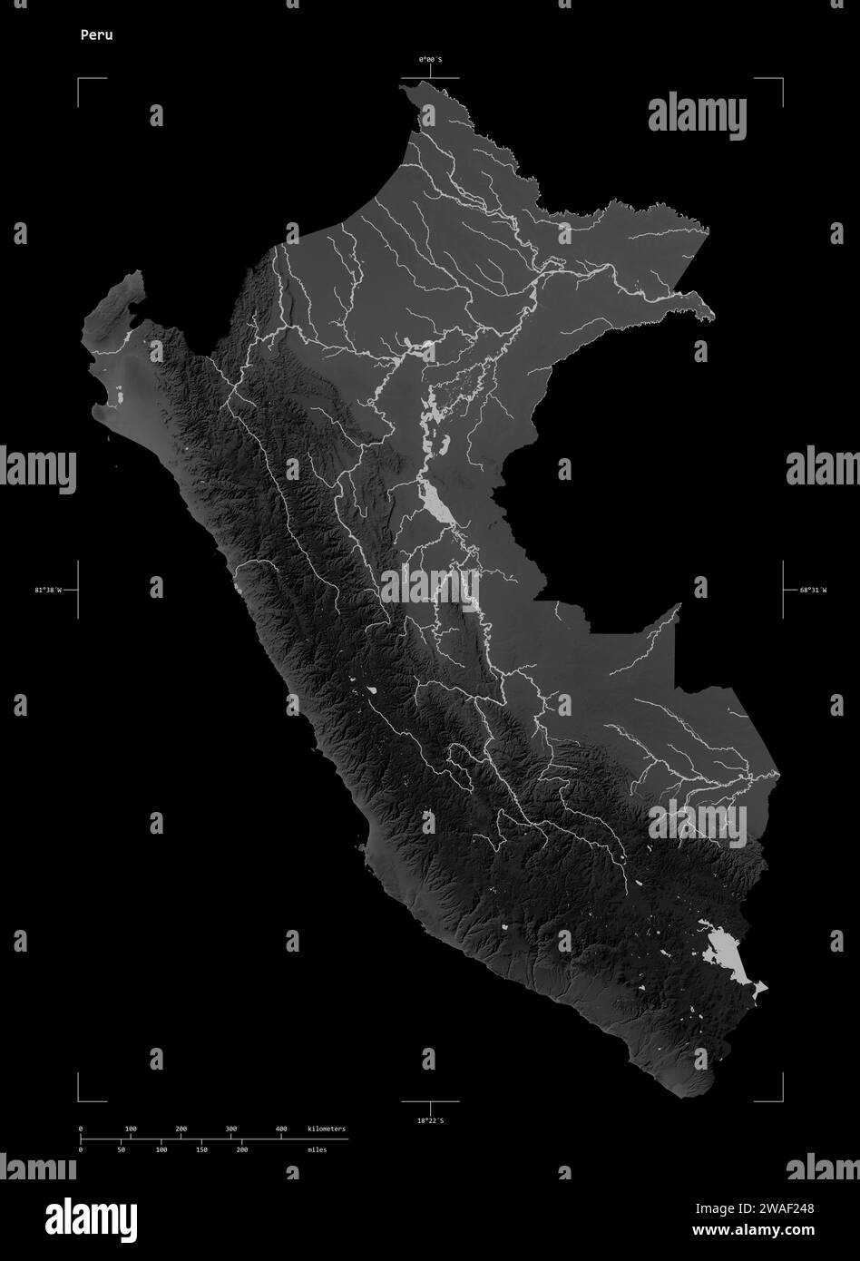 Shape of a Grayscale elevation map with lakes and rivers of the Peru ...