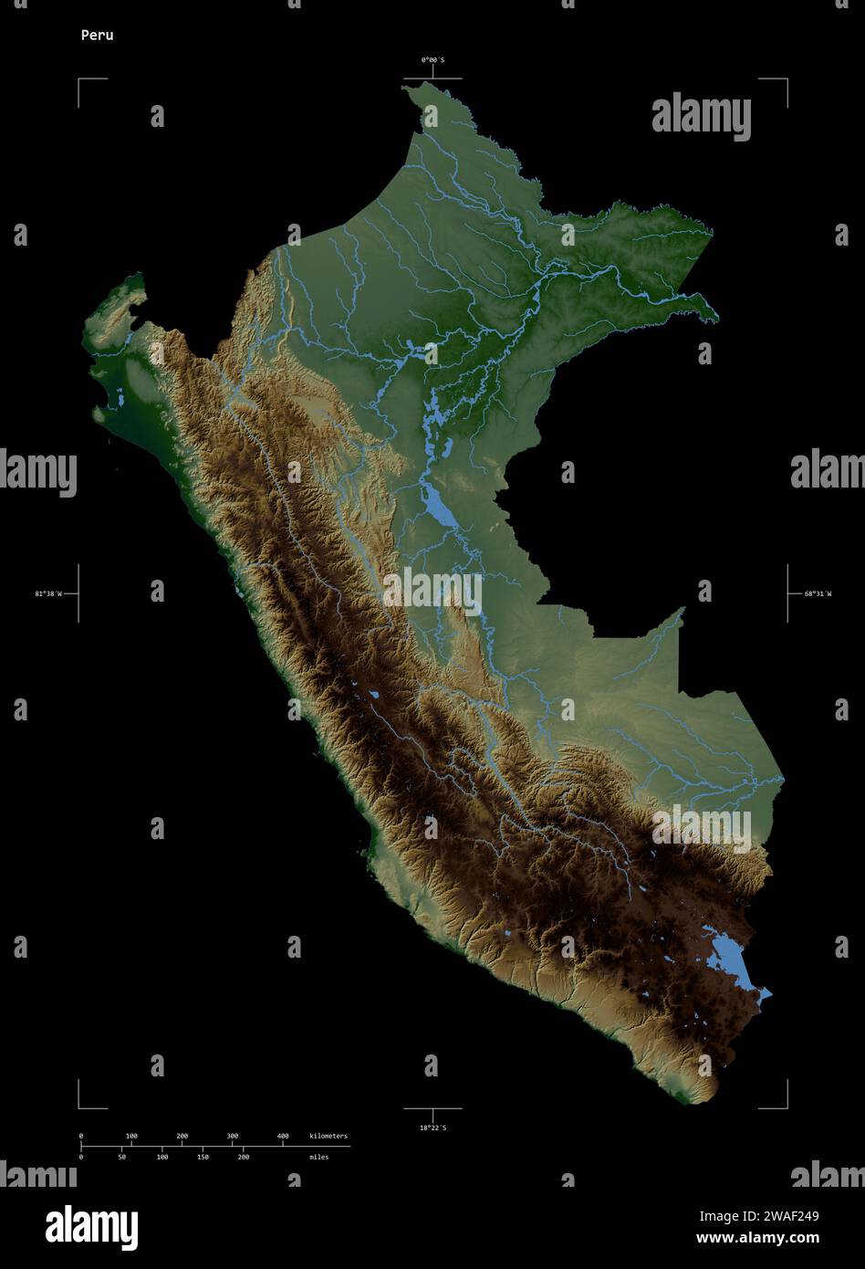Shape of a Colored elevation map with lakes and rivers of the Peru ...