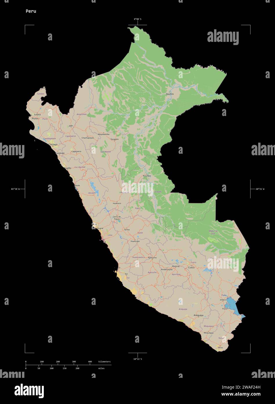 Shape of a topographic, OSM standard style map of the Peru, with ...