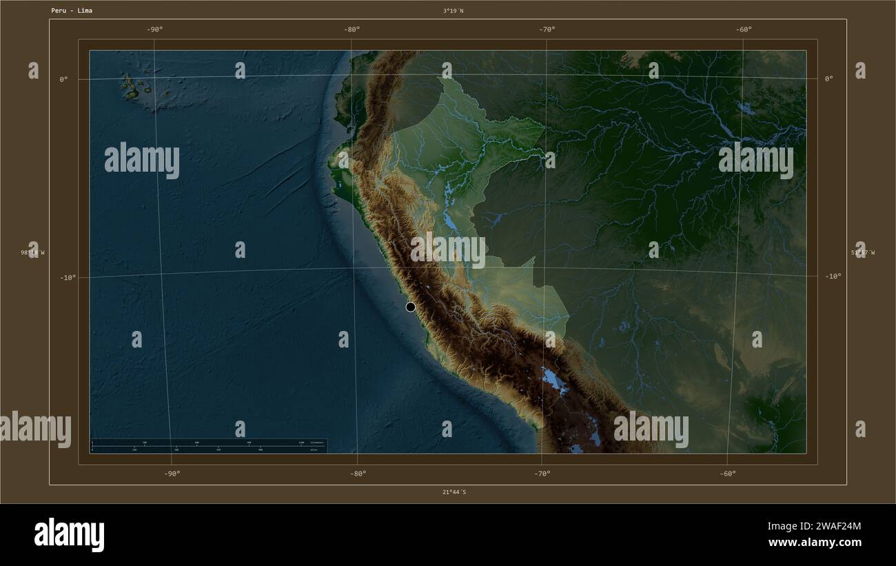 Peru highlighted on a Colored elevation map with lakes and rivers map ...