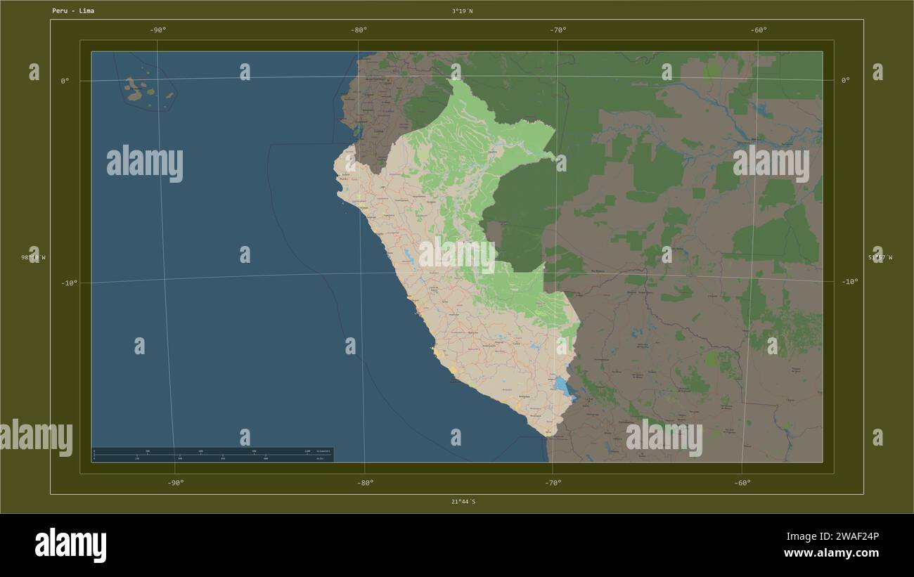 Peru highlighted on a topographic, OSM standard style map map with the ...