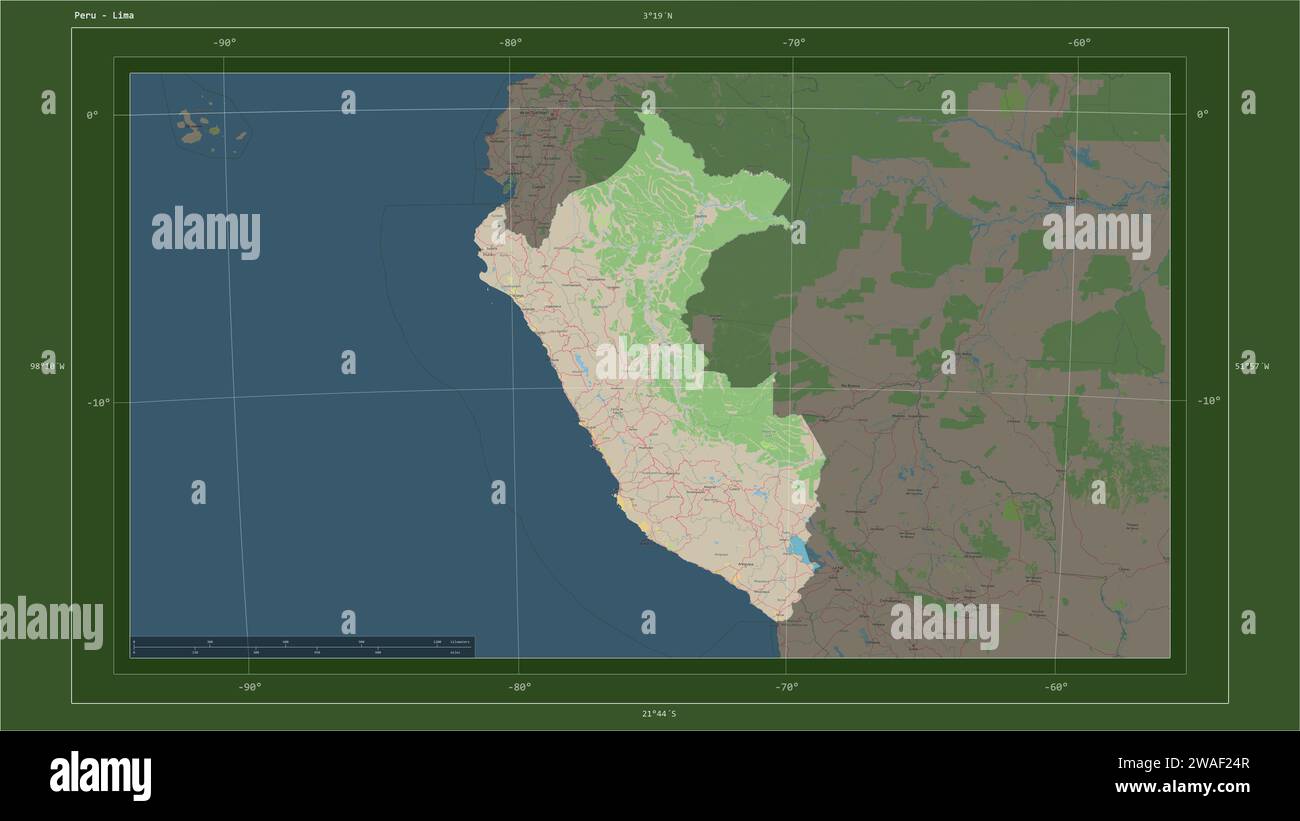 Peru highlighted on a topographic, OSM Germany style map map with the ...