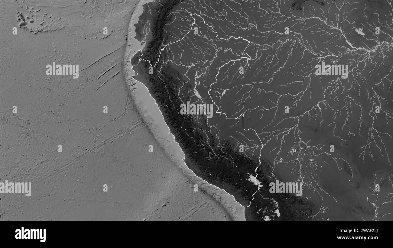 Peru outlined on a Grayscale elevation map with lakes and rivers Stock ...