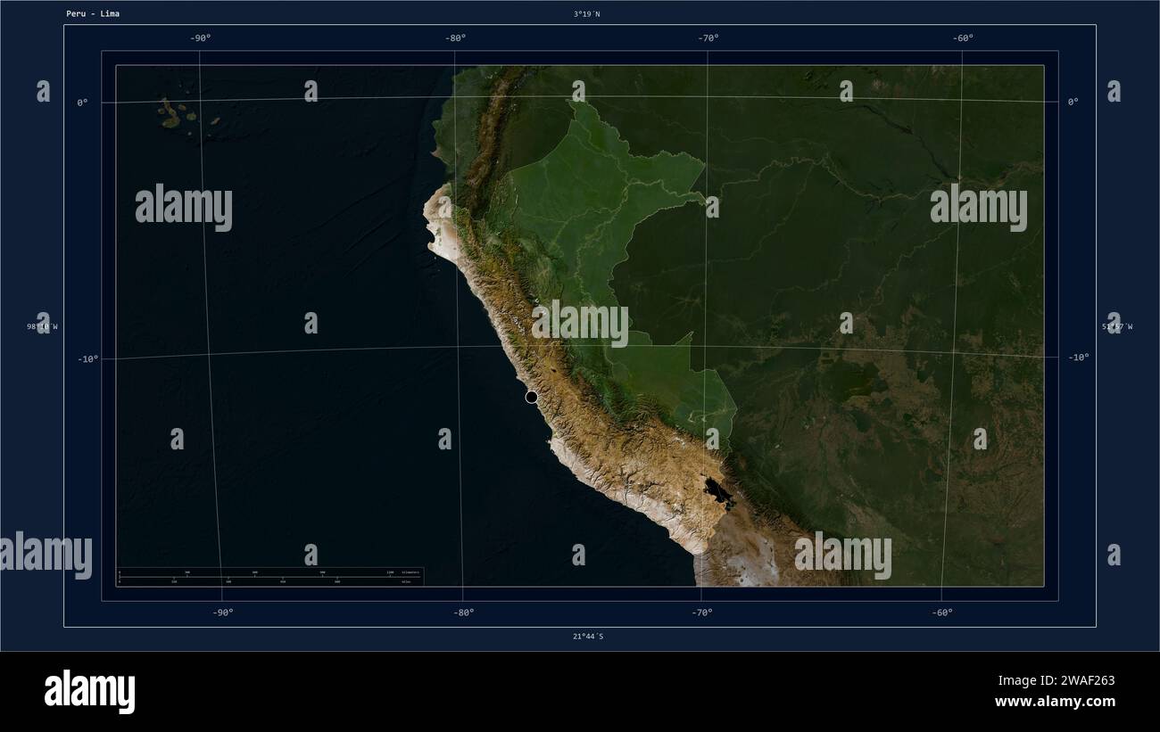 Peru highlighted on a low resolution satellite map map with the country's capital point ...