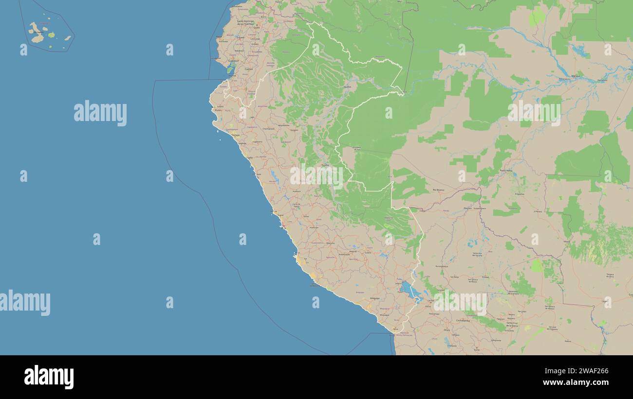 Peru outlined on a topographic, OSM standard style map Stock Photo - Alamy