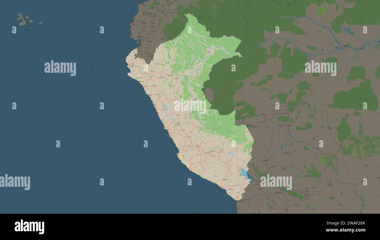 Peru highlighted on a topographic, OSM Germany style map Stock Photo ...