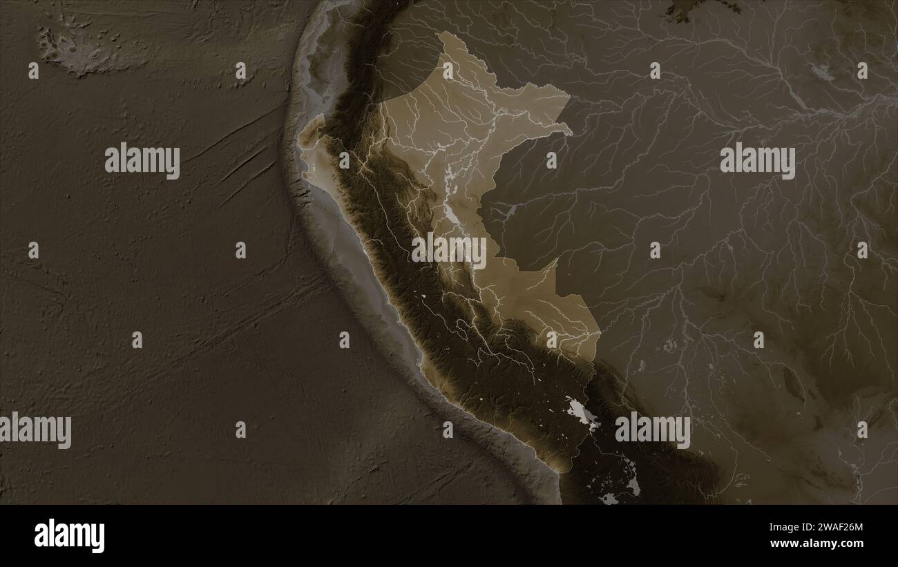 Peru highlighted on a elevation map colored in sepia tones with lakes ...