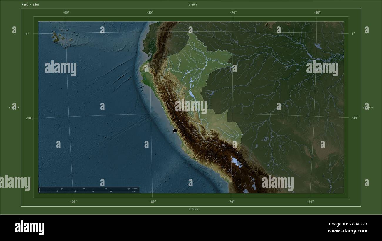 Peru highlighted on a Pale colored elevation map with lakes and rivers ...