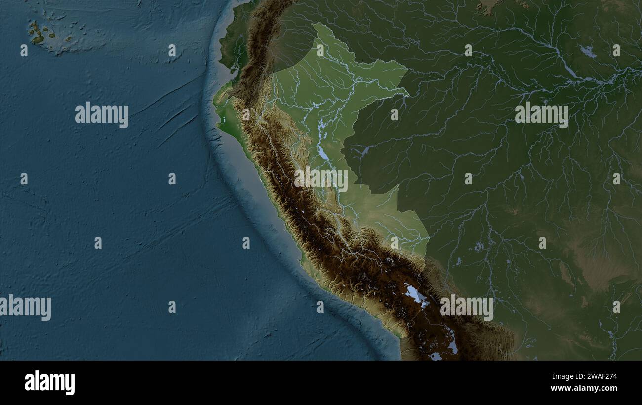 Peru highlighted on a Pale colored elevation map with lakes and rivers ...