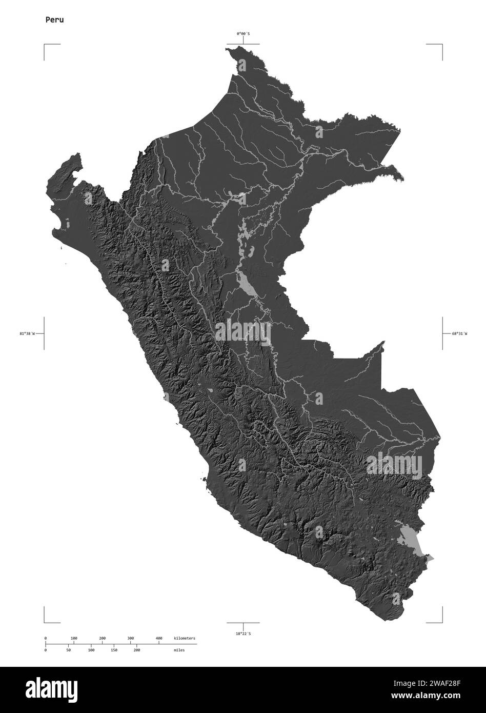 Shape of a Bilevel elevation map with lakes and rivers of the Peru ...