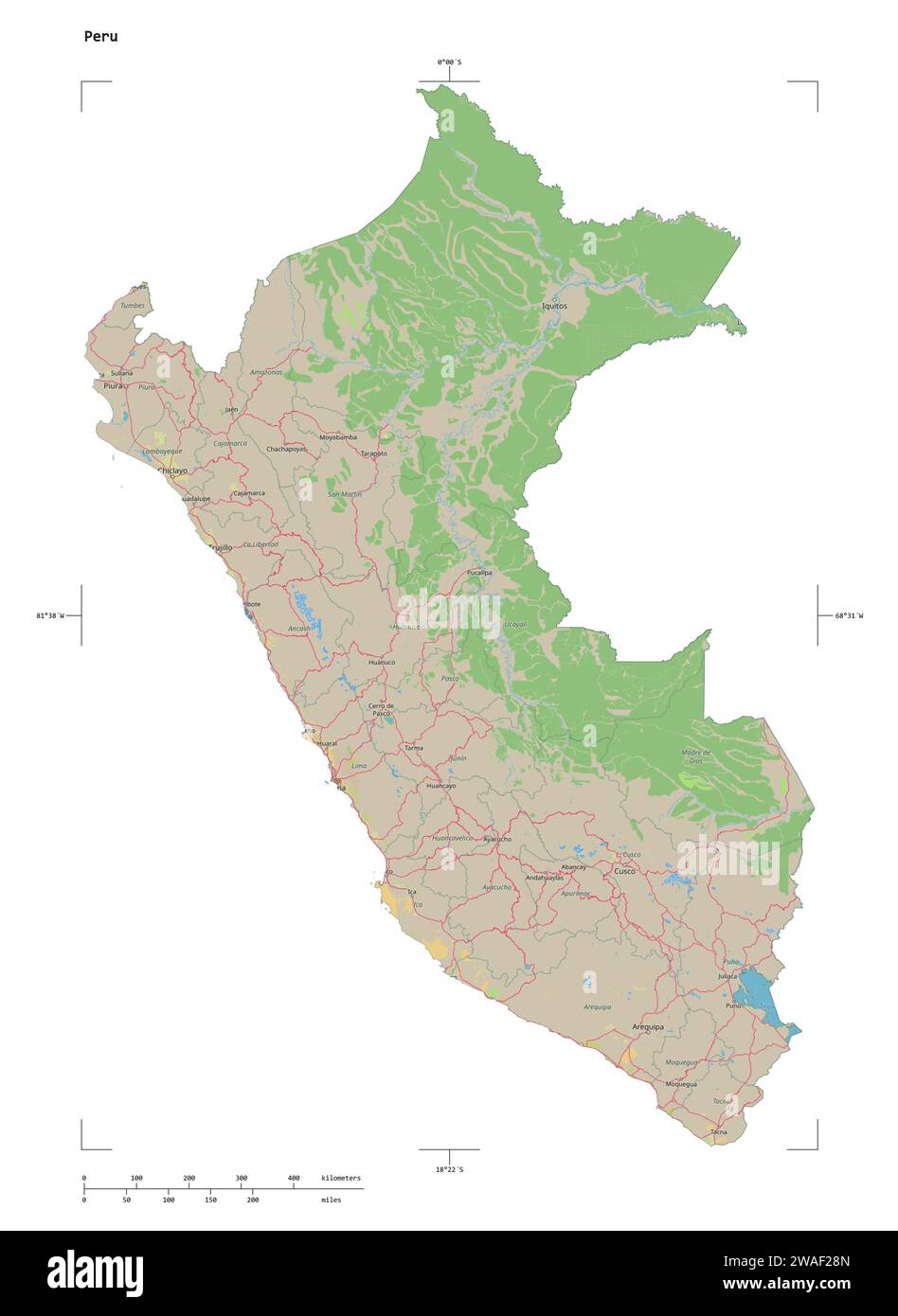 Shape of a topographic, OSM Germany style map of the Peru, with ...
