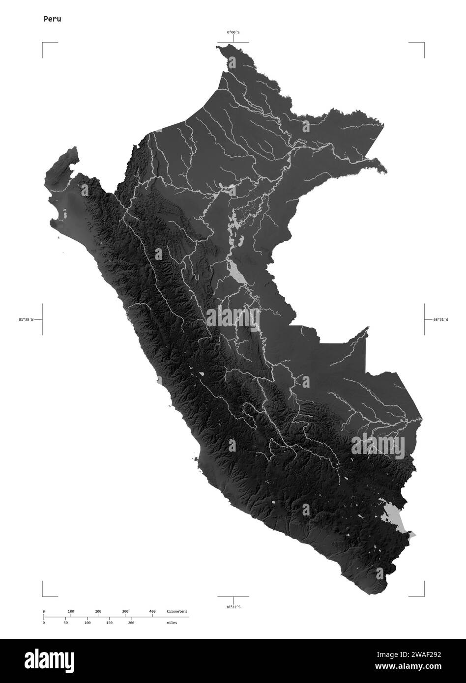 Shape of a Grayscale elevation map with lakes and rivers of the Peru ...