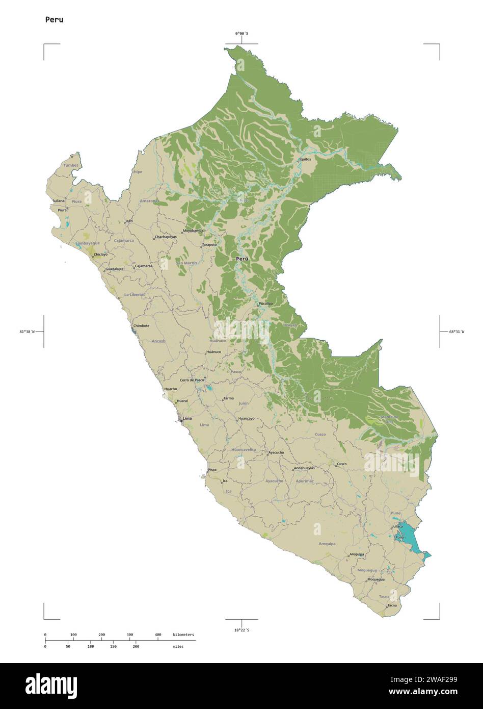 Shape of a topographic, OSM Humanitarian style map of the Peru, with ...
