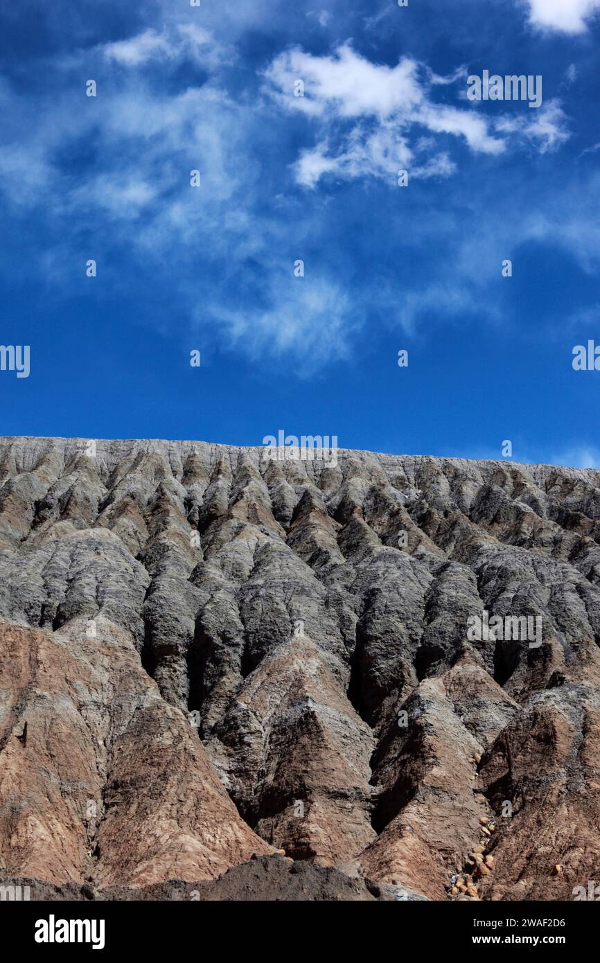 Detail of water erosion gullies on side of large pile of tailings waste ...