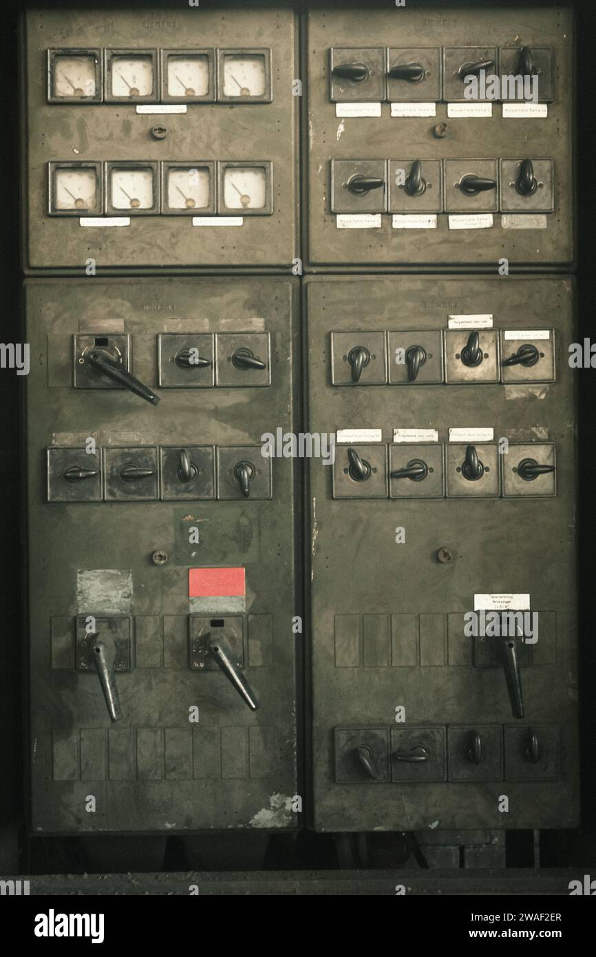 Old switchboard in the coal mine Zeche Zollverein, Germany Stock Photo ...