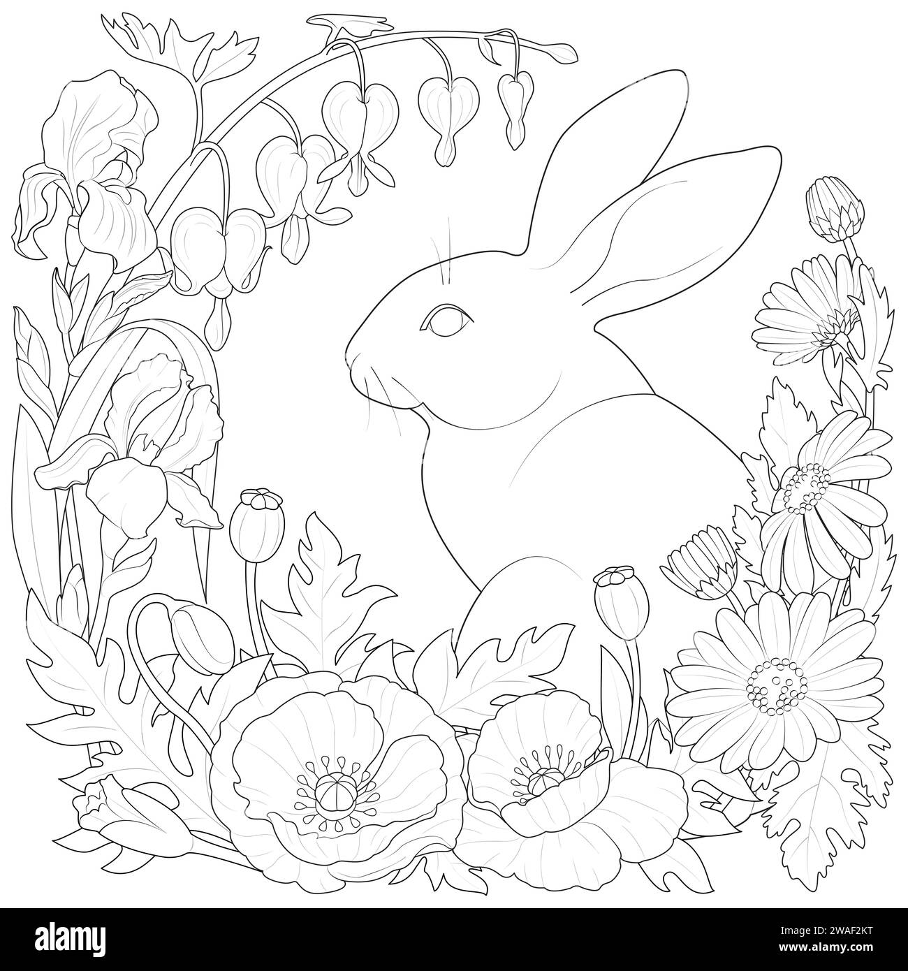 Easter rabbit with spring flowers and leaves wreath. Cute vintage bunny ...