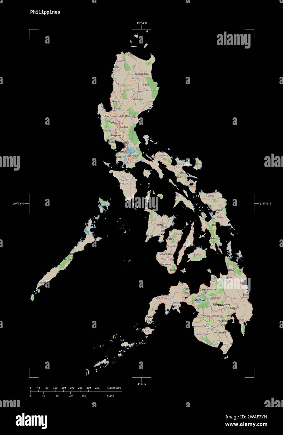 Shape of a topographic, OSM standard style map of the Philippines, with ...