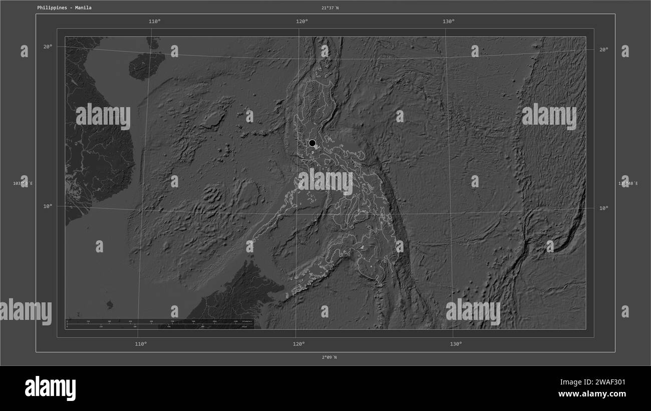 Philippines highlighted on a Bilevel elevation map with lakes and ...