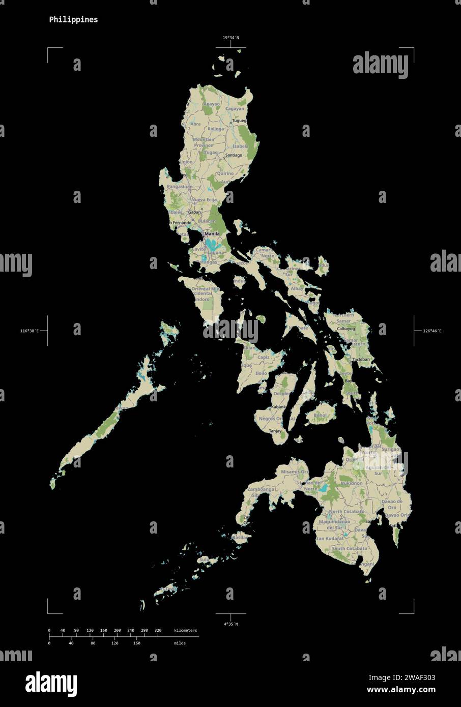Shape of a topographic, OSM Humanitarian style map of the Philippines, with distance scale and ...