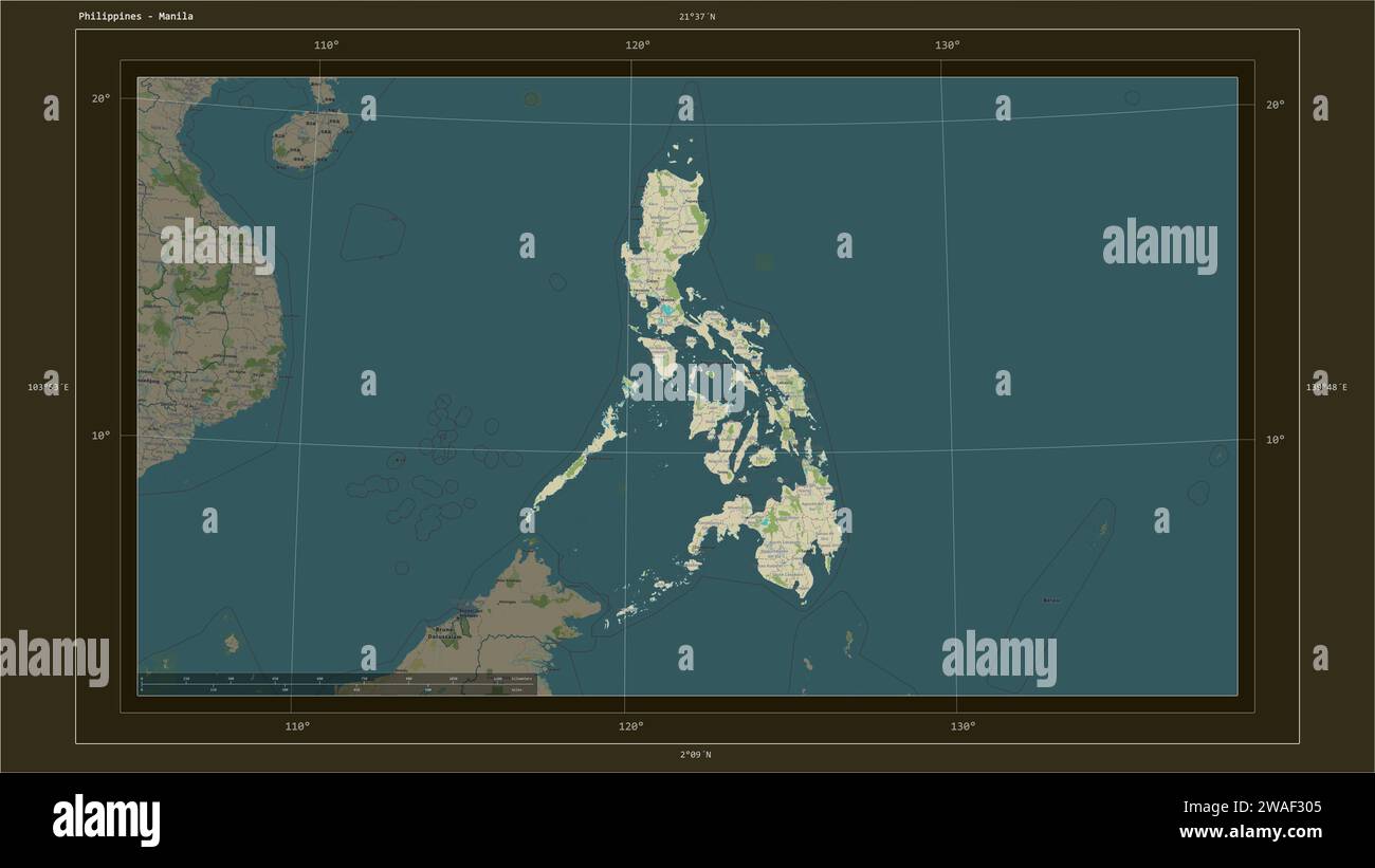 Philippines highlighted on a topographic, OSM Humanitarian style map map with the country's ...