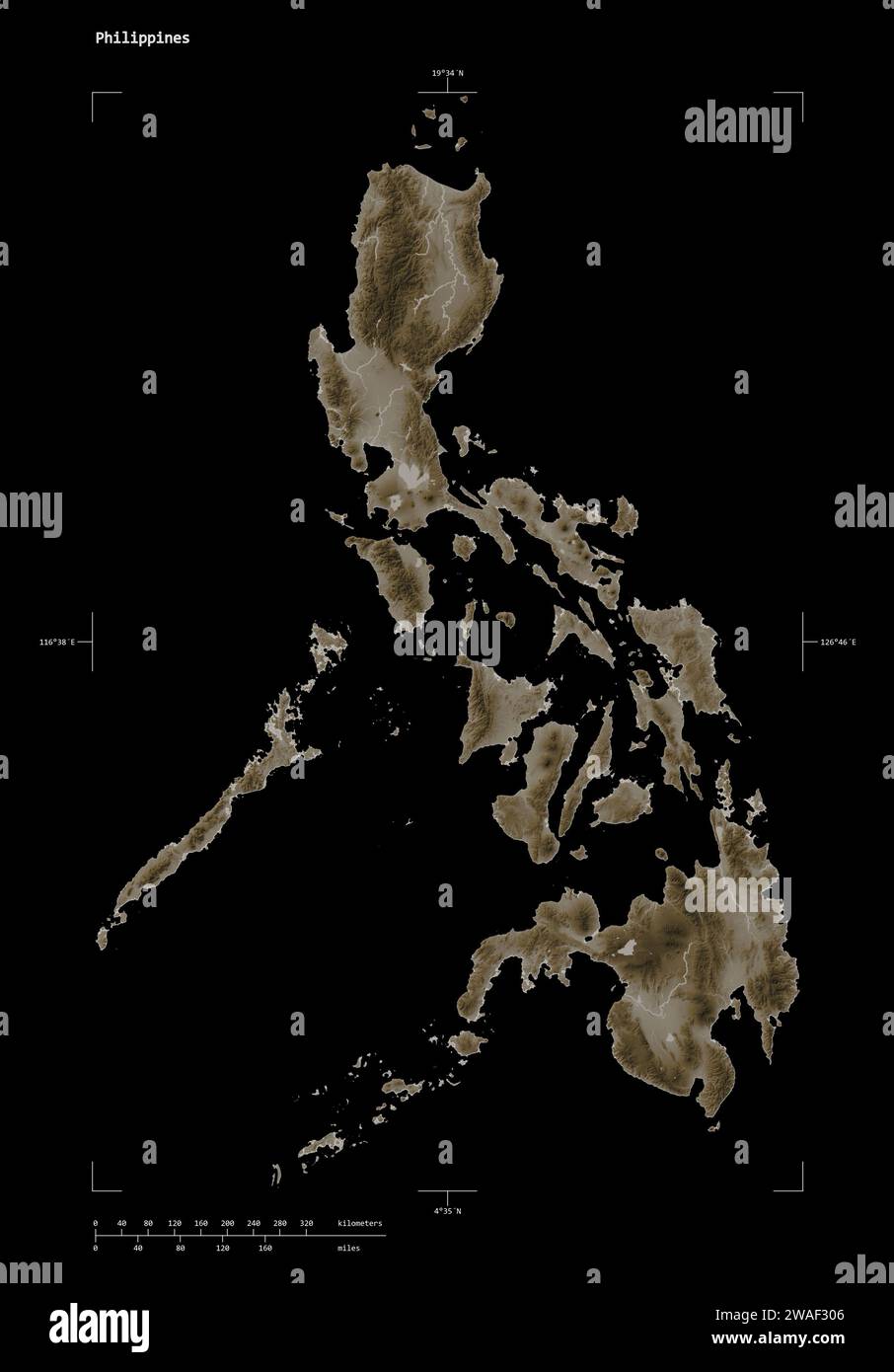 Shape of a elevation map colored in sepia tones with lakes and rivers ...