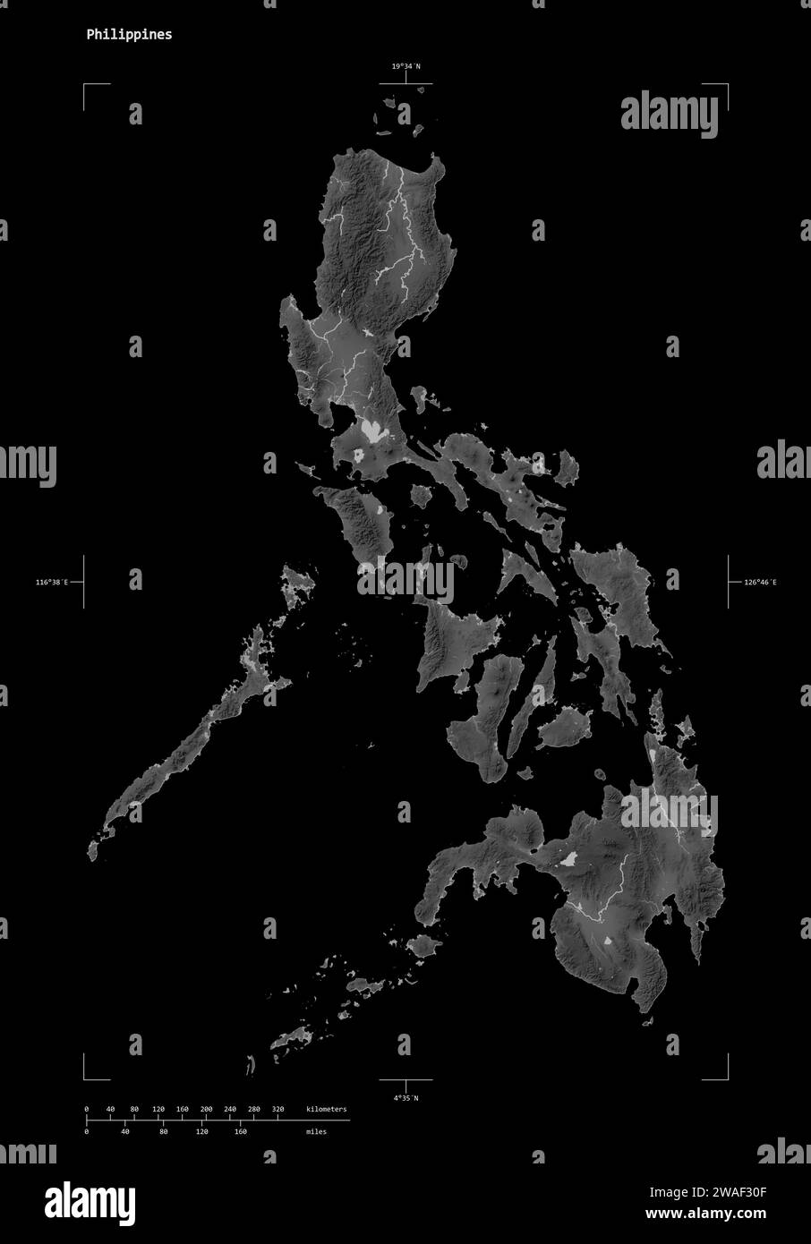 Shape of a Grayscale elevation map with lakes and rivers of the ...