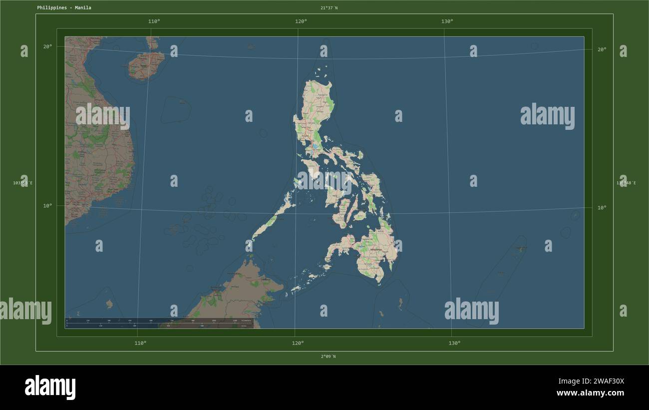 Philippines highlighted on a topographic, OSM Germany style map map ...