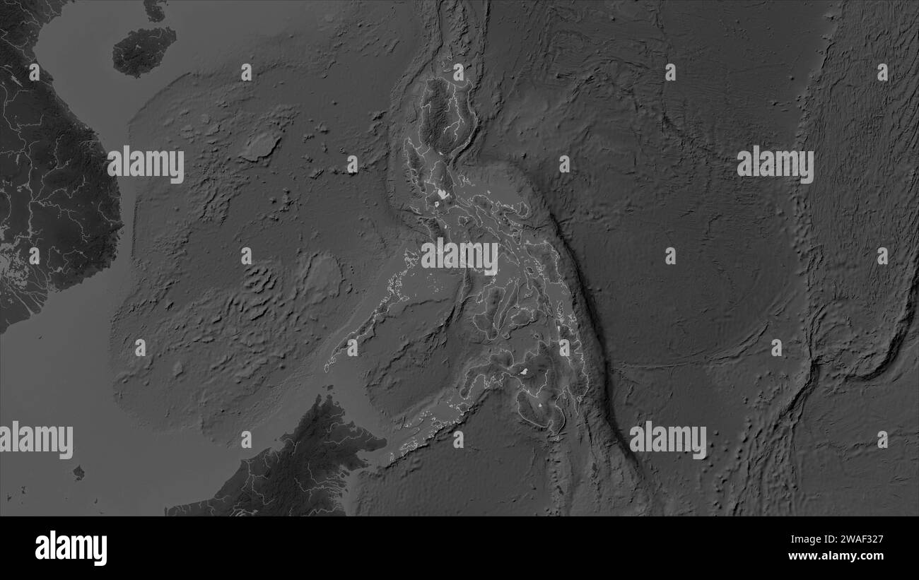 Philippines highlighted on a Grayscale elevation map with lakes and ...