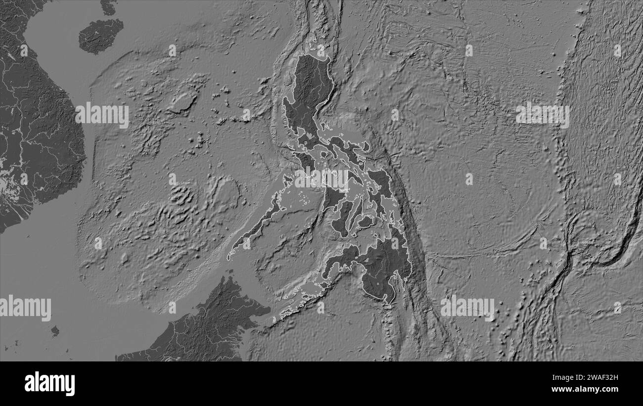 Philippines outlined on a Bilevel elevation map with lakes and rivers ...