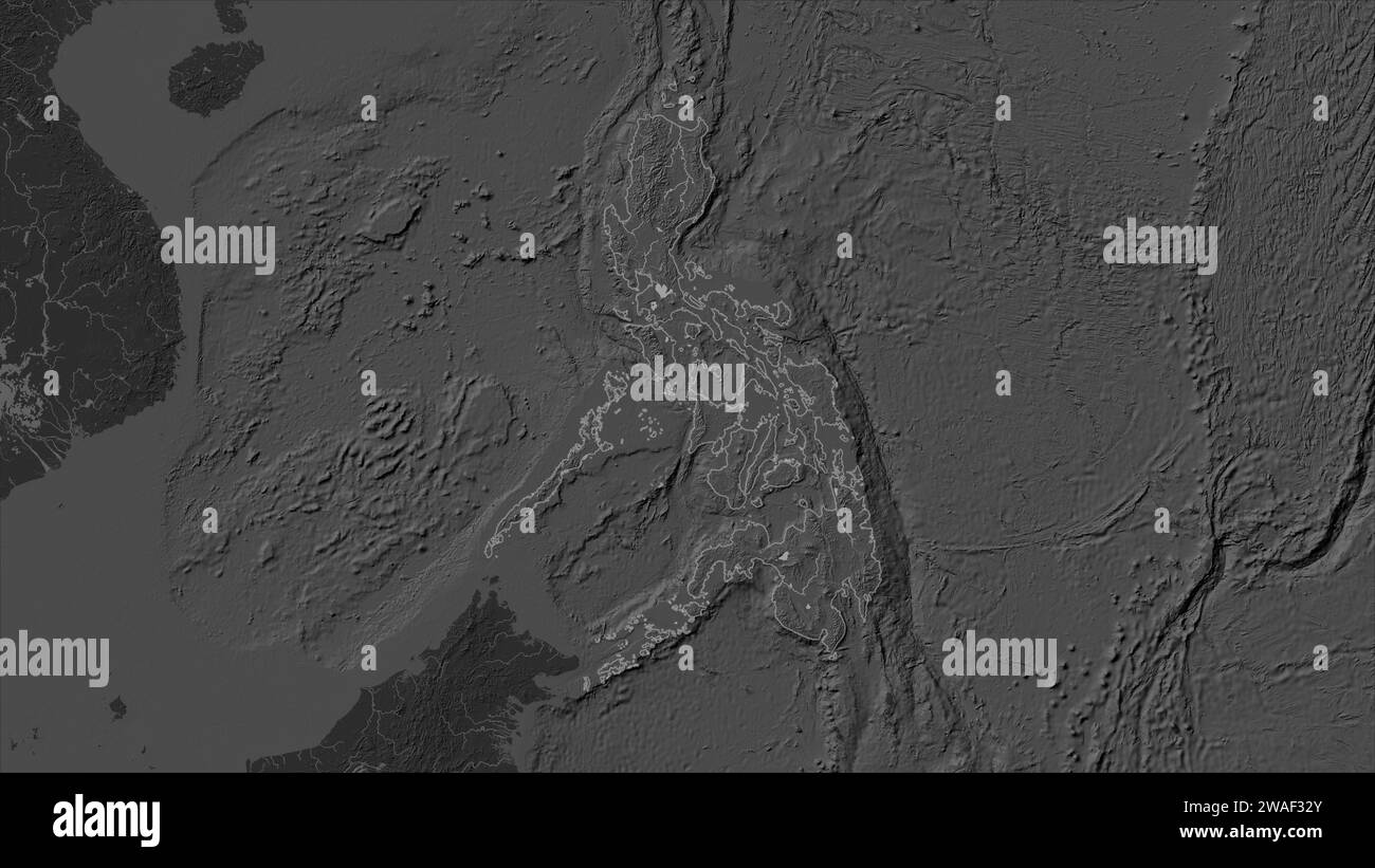 Philippines highlighted on a Bilevel elevation map with lakes and ...