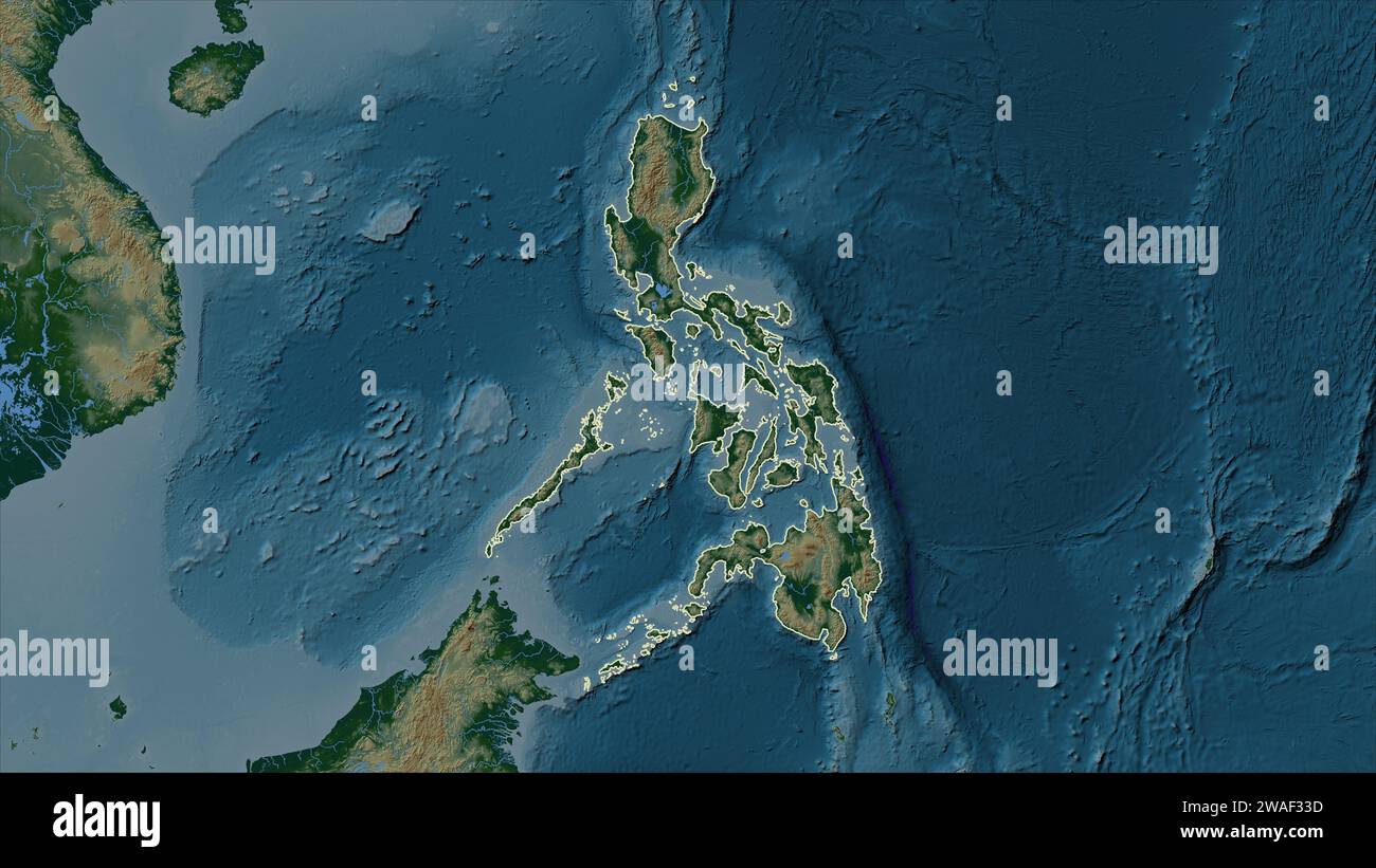 Philippines outlined on a Colored elevation map with lakes and rivers ...