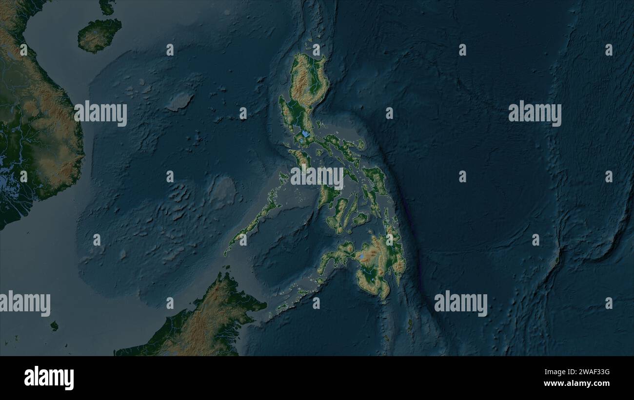 Philippines highlighted on a Colored elevation map with lakes and ...
