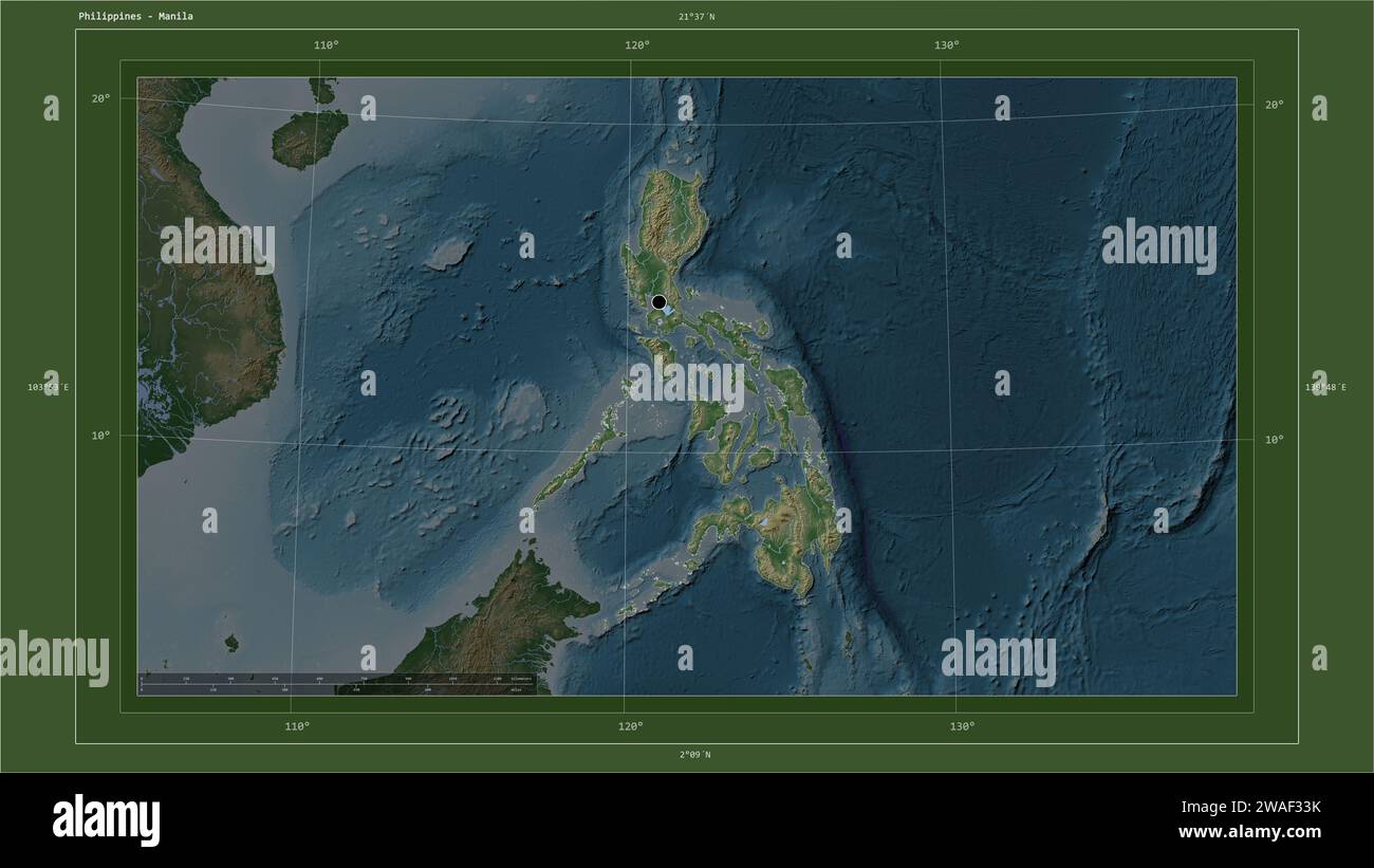 Philippines highlighted on a Pale colored elevation map with lakes and ...
